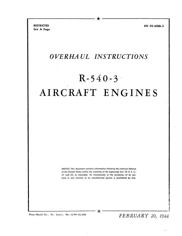 Kinner R-540-3 Engine 1944 Overhaul Instructions (02-60BB-3) — Essco ...