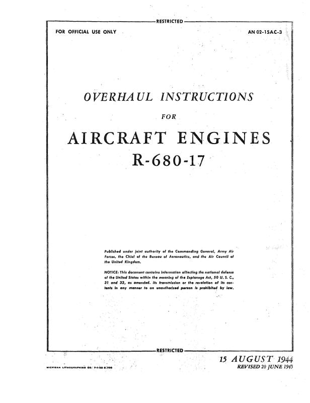 Lycoming R-680-17 Engine 1944 Overhaul Instructions (AN-02-15AC-3 ...