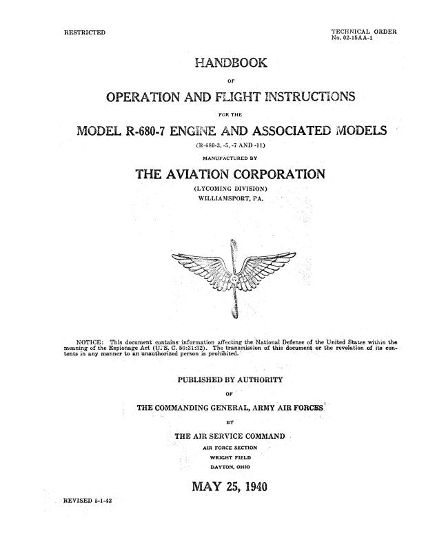 Lycoming R-680-7 Engine 1940 Operation and Flight Instructions (02-15A ...