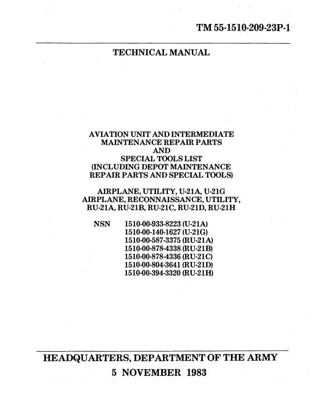 Beech U-21A,G & RU-21A,B,C,D,H Parts & Tool Lists (55-1510-209-23P ...