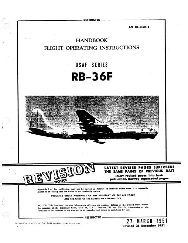 Consolidated RB-36F Aircraft 1951 Flight Operating Instructions Handbo ...