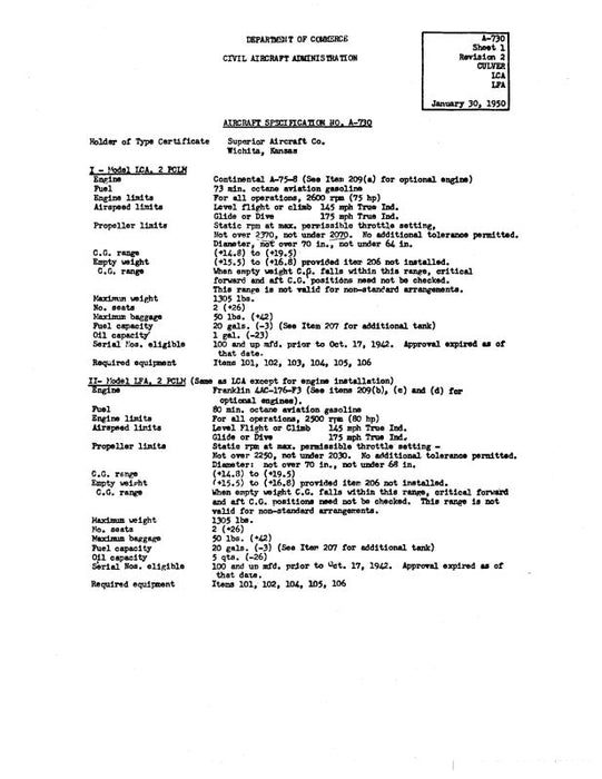 Culver Aircraft Corporation LCA, LFA Cadet Aircraft Type Certificate ...