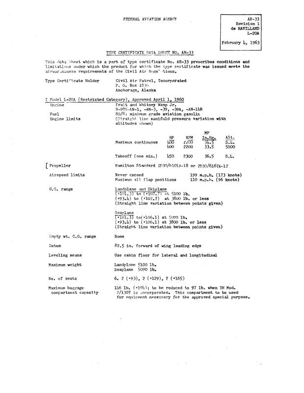 DeHavilland L-20A Beaver 1963 Aircraft Specification (AR-33) — Essco ...