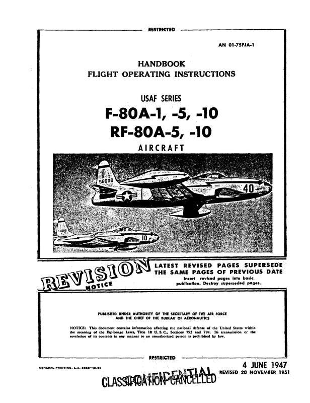 Lockheed F-80A-1,5,10 & RF-80A-5,10 Flight Operating Instructions Hand ...