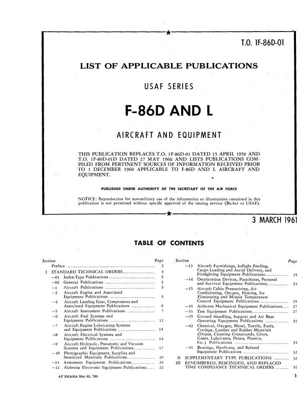 North American F-86D & F-86L 1961 List of Applicable Publications (1F ...
