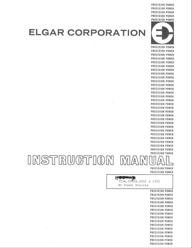 Elgar Corporation 751A, 1001A, 1501, 1751 AC Power Sources Instruction ...